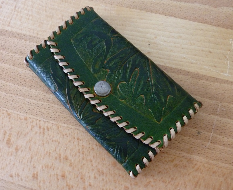Vintage Tooled Leather Key Case - Dark Green Leather Case - Holds 6 ...