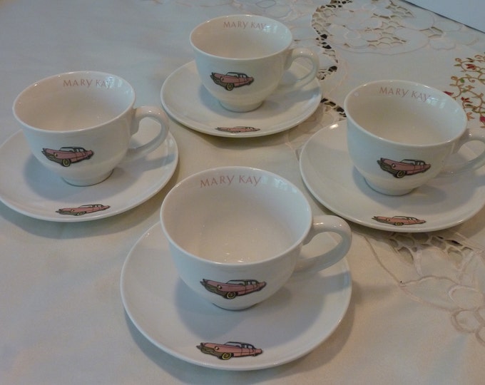 Vintage Mary Kay Tea Cup and Saucer Set Pink Cadillac 4 Mugs and 4 ...