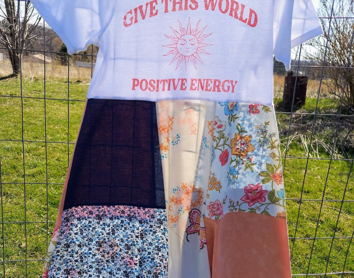 Upcycled Tee Dress - Positive Energy - Floral Cotton - Butterfly ...