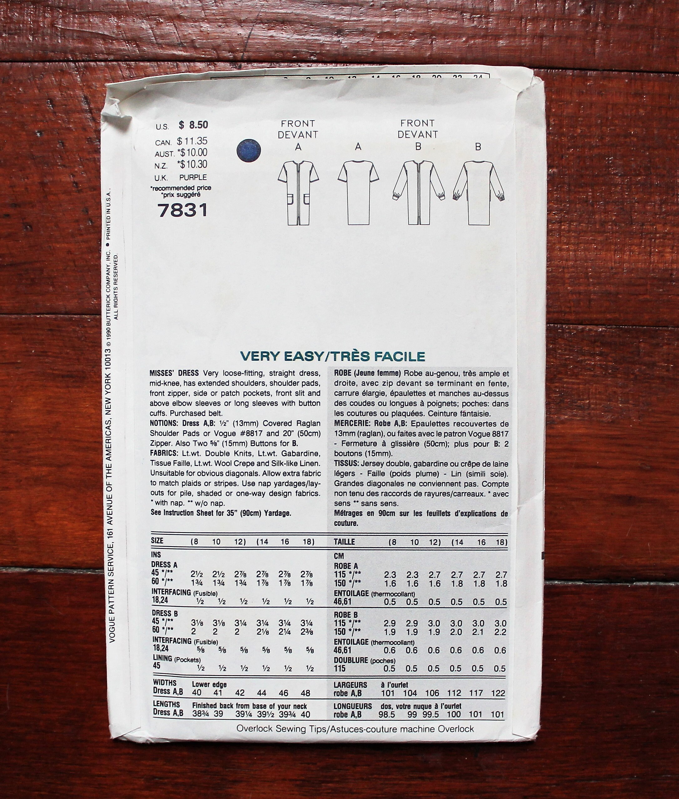 Vogue 7831 Loose Fitting Dress Easy UNCUT 90s Vintage Sewing Pattern - Etsy