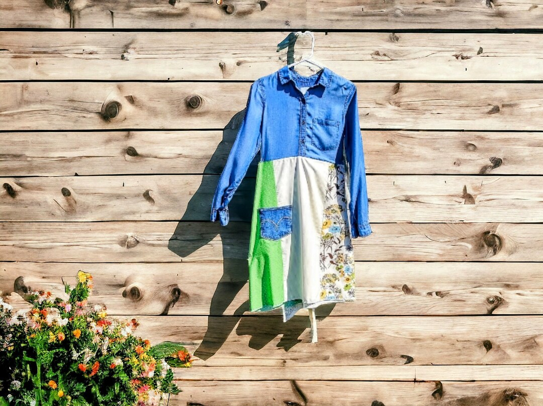 Upcycled Denim Shirt Dress - Floral - Pocket - Ties in Back - Cotton ...