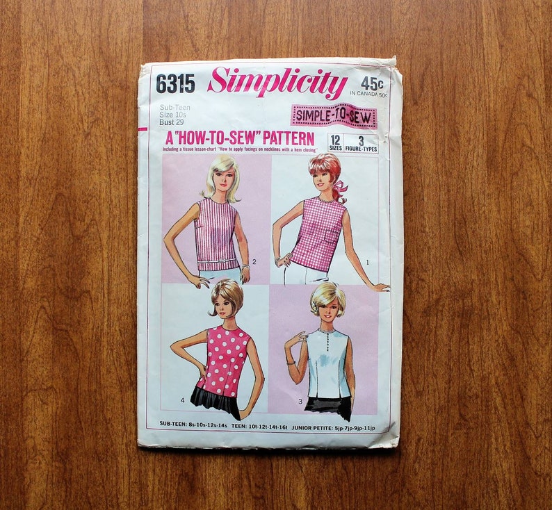 Simplicity 6315 Summer Top Sleeveless Simple to Sew 60s Vintage Sewing ...
