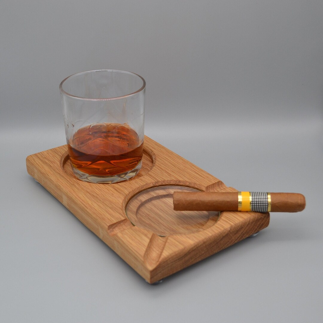 Solid Oak Wood Drinks Coaster With Cigar Ashtray on Non Slip Rubber ...