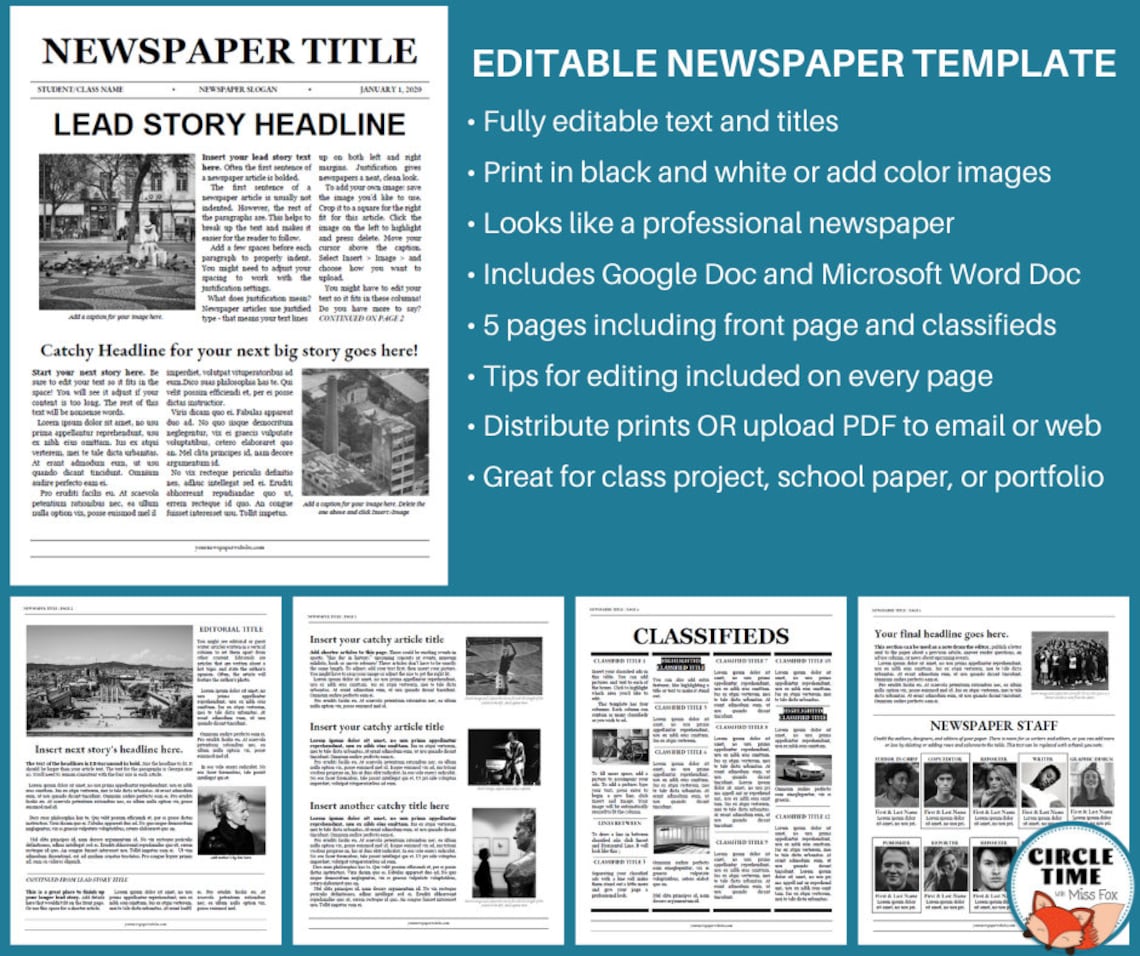 EDITABLE Newspaper Template / School Newsletter Template / - Etsy