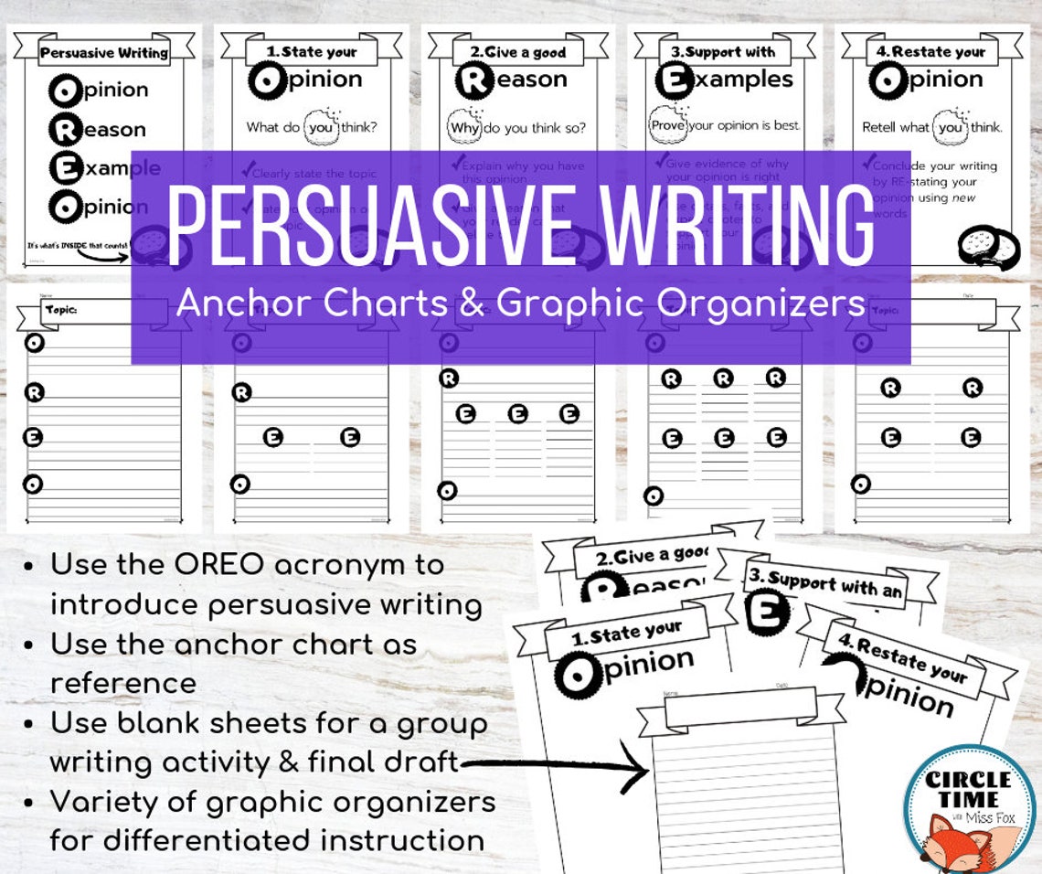OREO Opinion Writing Anchor Charts, Graphic Organizers With Reasons ...