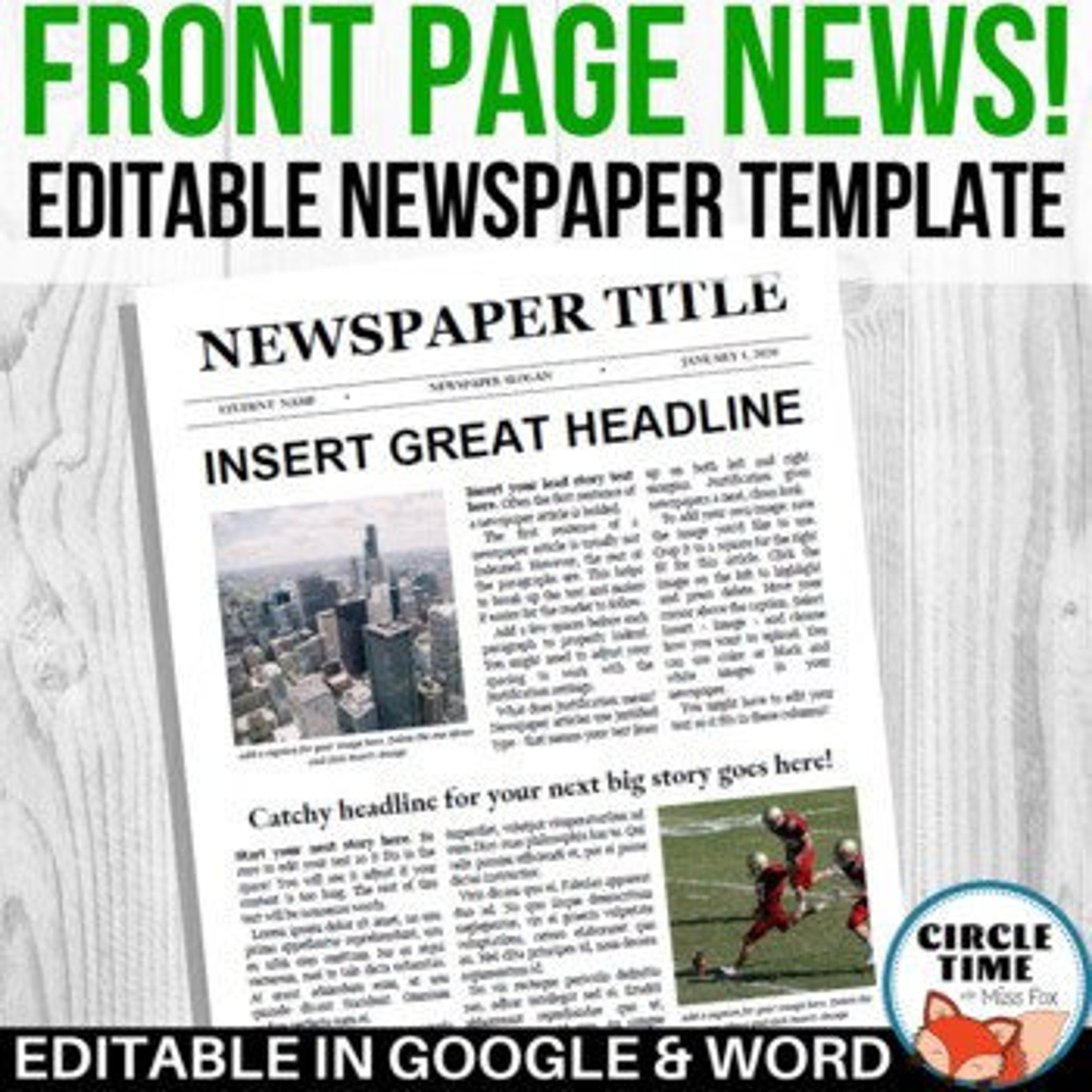 EDITABLE Newspaper Front Page Template, Google Docs Newspaper ...