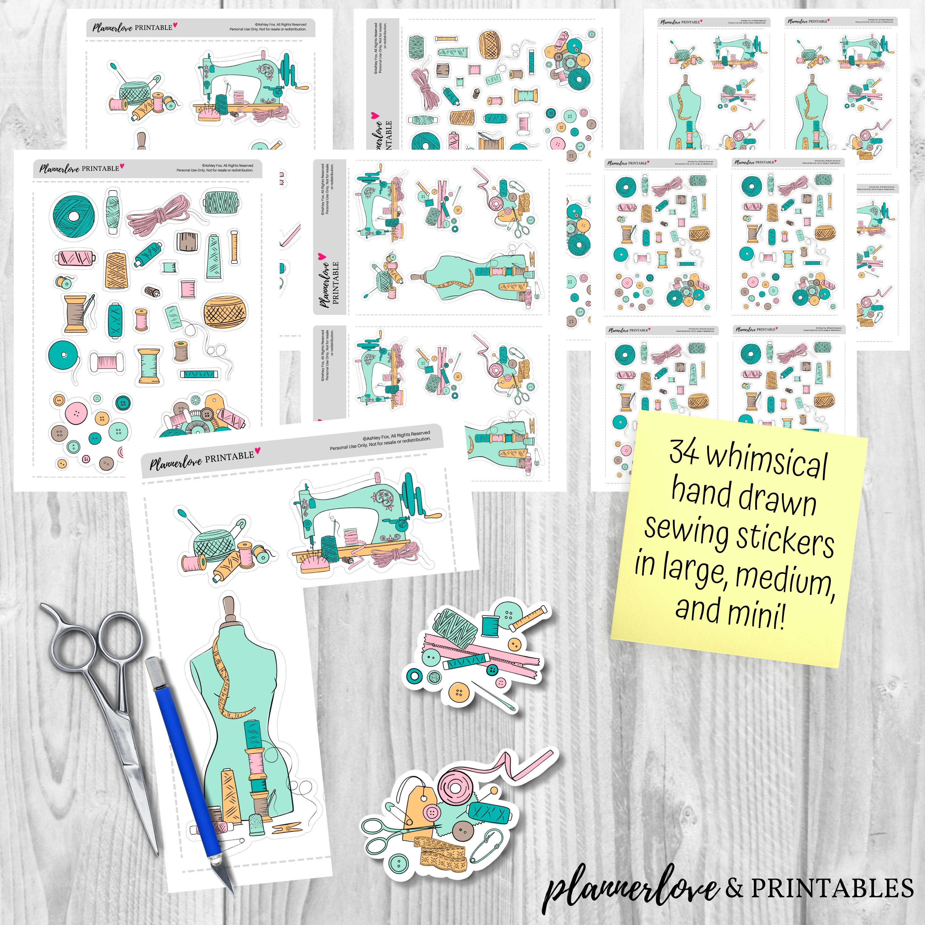 Printable Sewing Stickers, Hand Drawn Stickers, Printable Sewing ...