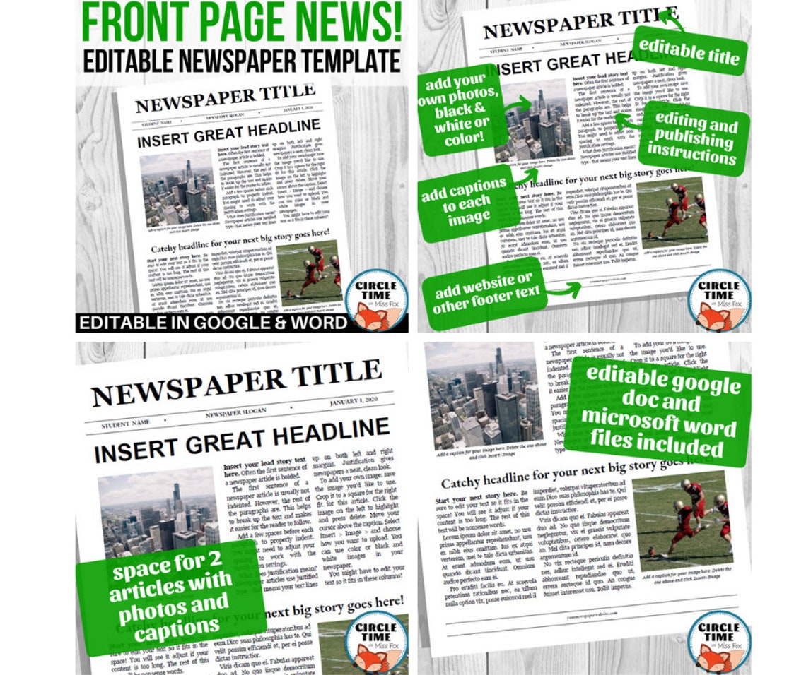 EDITABLE Newspaper Front Page Template Google Docs Newspaper - Etsy