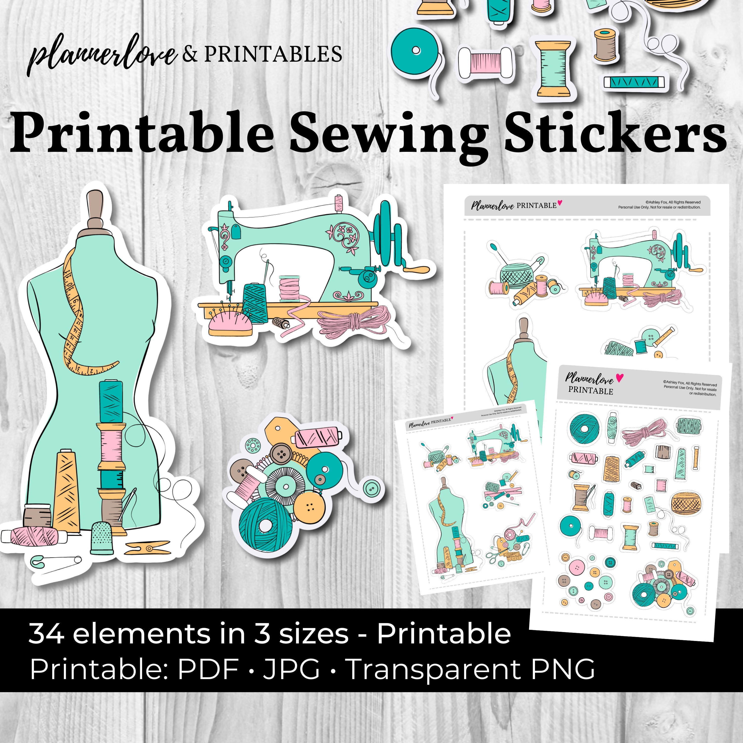 Printable Sewing Stickers, Hand Drawn Stickers, Printable Sewing ...