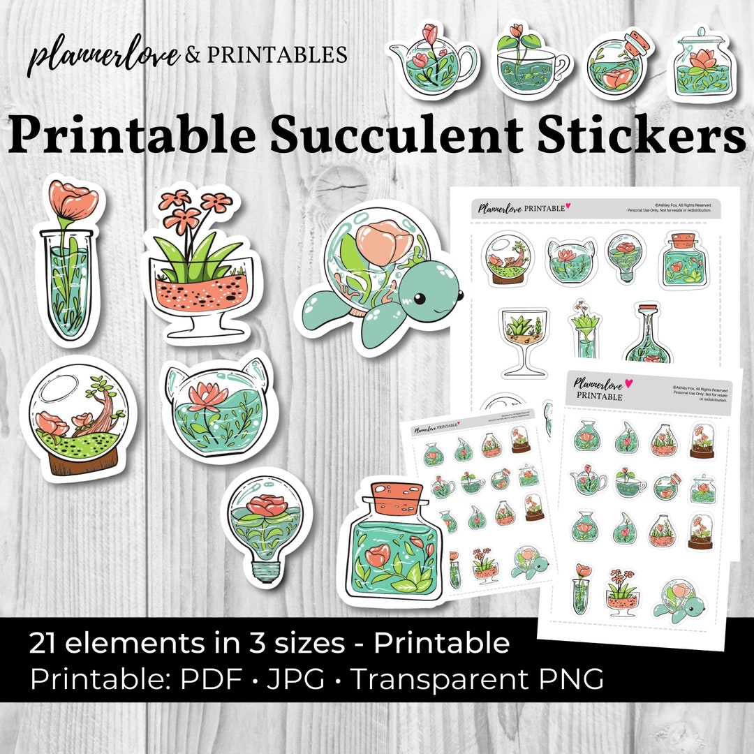 Printable Succulent Stickers, Whimsical Hand Drawn Stickers, Printable ...