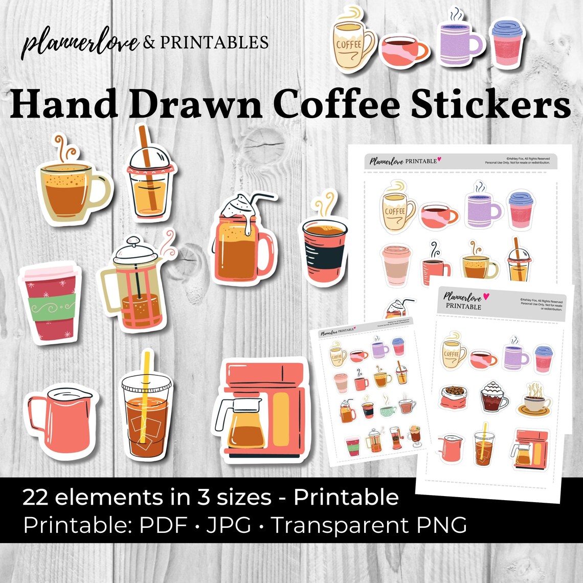 Printable Coffee Stickers Hand Drawn Stickers Coffee Stickers | Etsy
