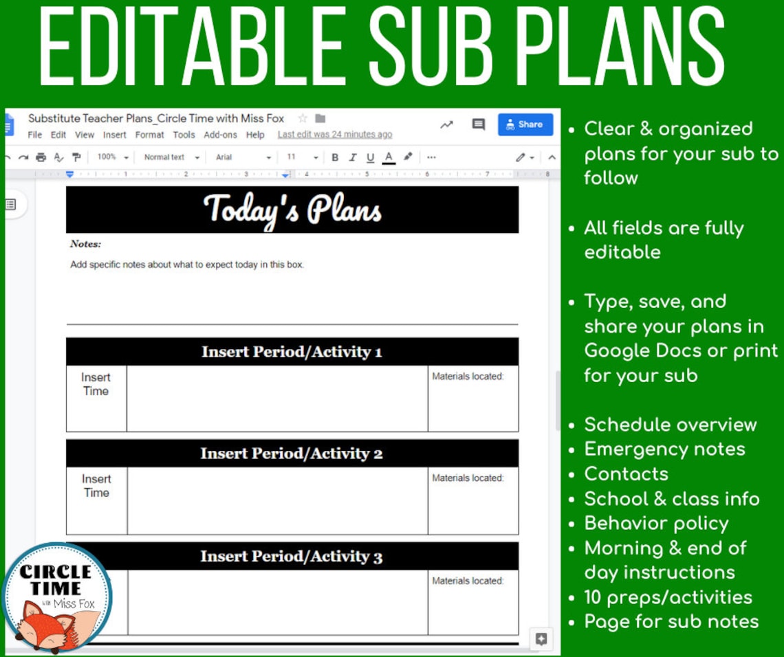 Editable Sub Plans, Substitute Teacher Plans, Sub Plan Template, Casual ...