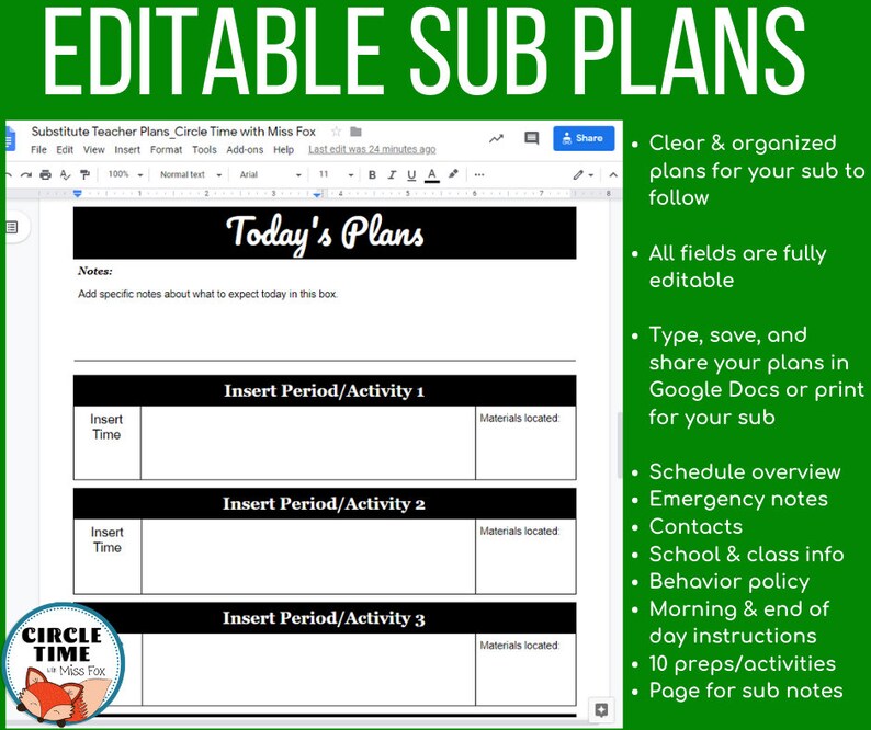 Editable Sub Plans, Substitute Teacher Plans, Sub Plan Template, Casual ...