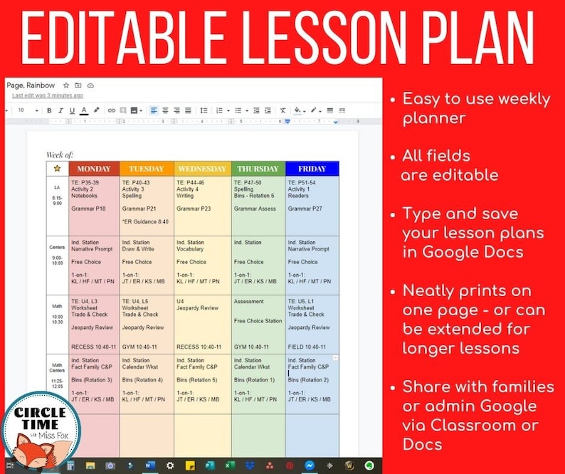 Google Docs Lesson Plan Template EDITABLE Weekly Teacher - Etsy