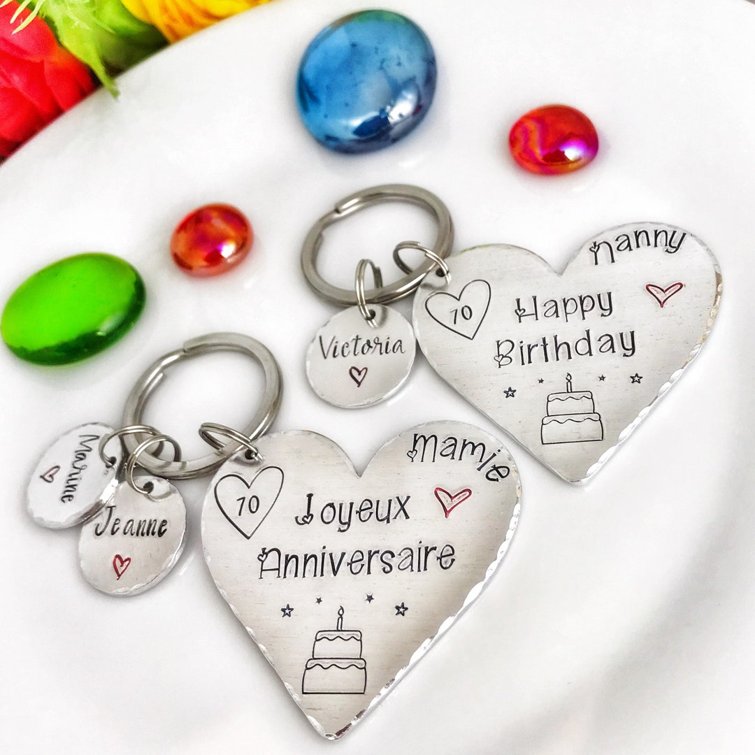 Joyeux Anniversaire Keychain, Hand Stamped French Birthday Gift ...