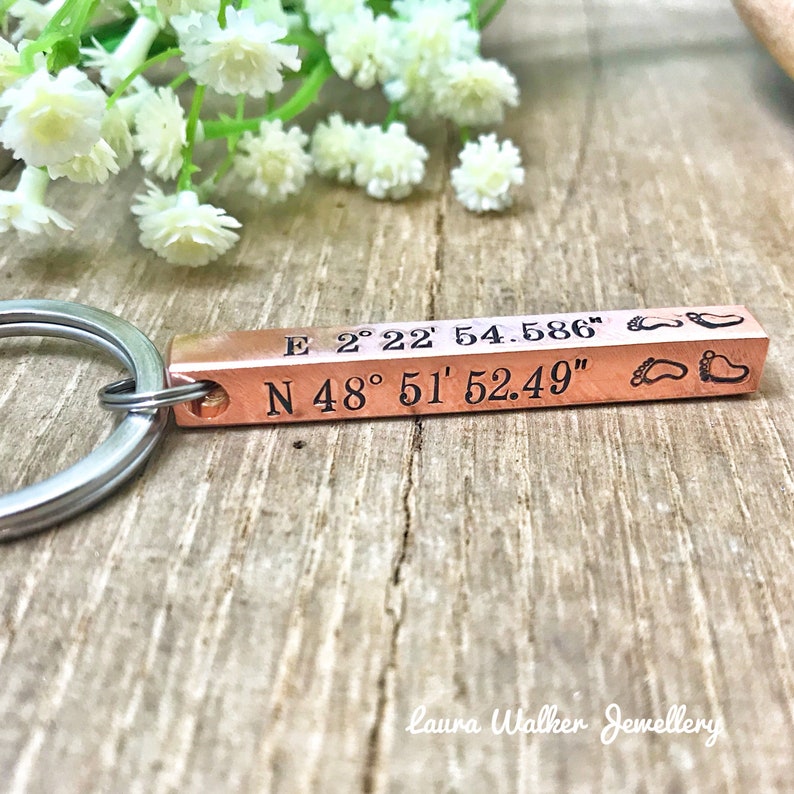 Copper Bar Keychain, GPS Copper Keyring Keychain, Longitude Latitude ...