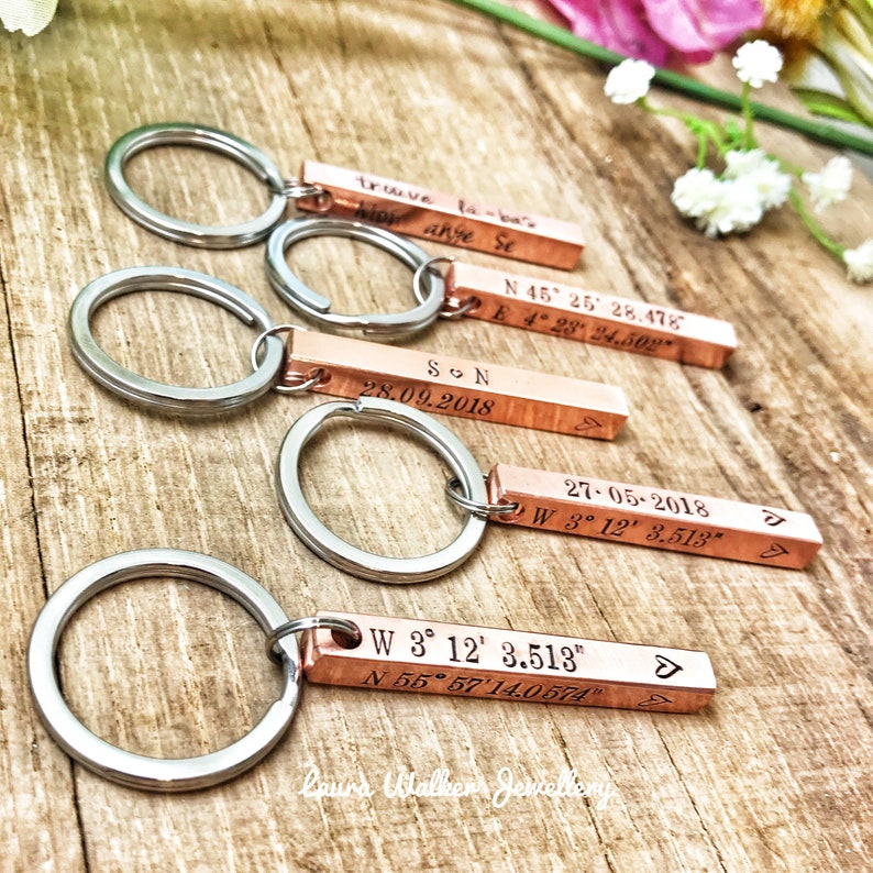 Copper Bar Keychain GPS Copper Keyring Keychain Longitude | Etsy