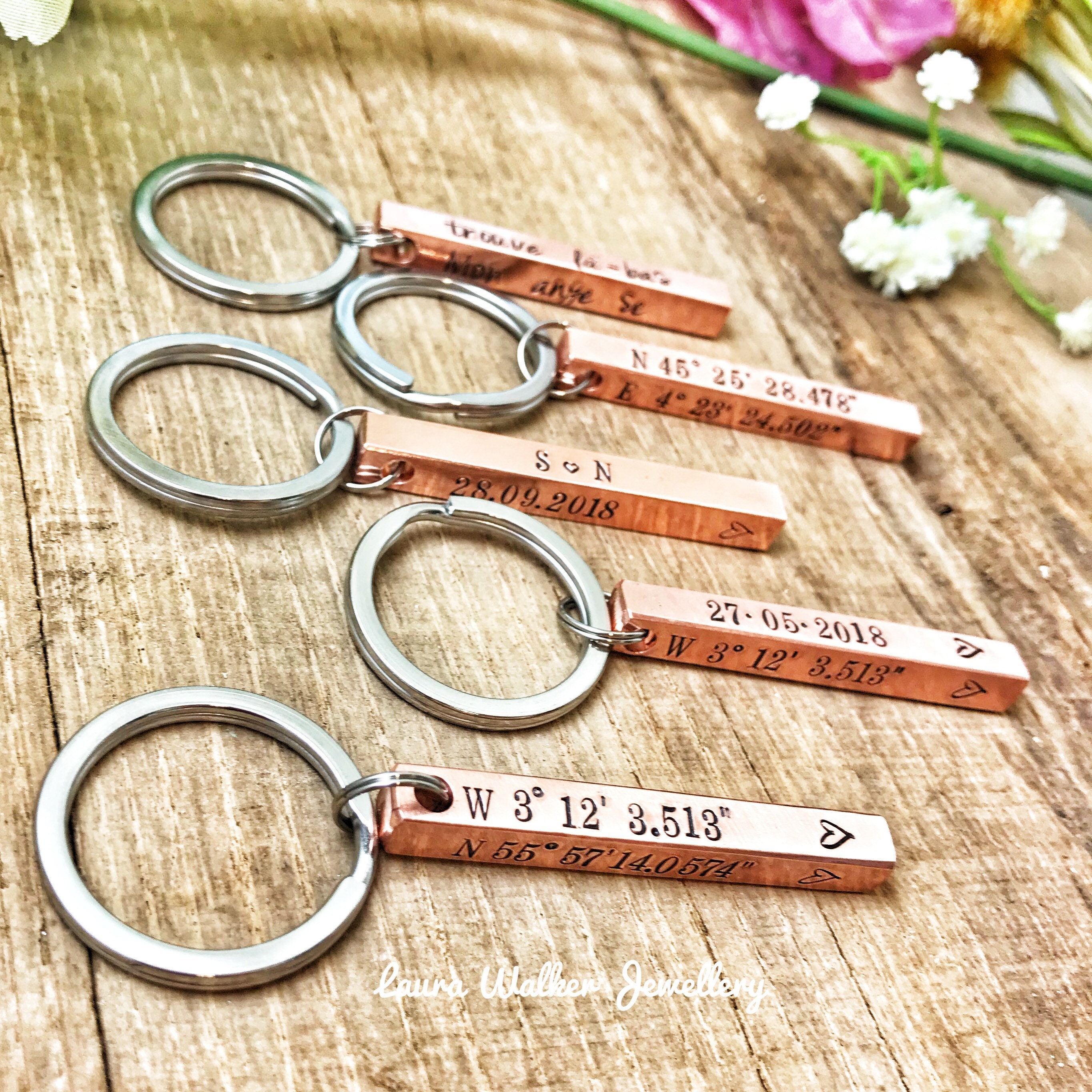Copper Bar Keychain, GPS Copper Keyring Keychain, Longitude Latitude ...