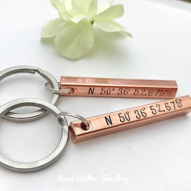 Copper Bar Keychain, GPS Copper Keyring Keychain, Longitude Latitude ...