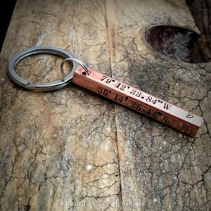Copper Bar Keychain, GPS Copper Keyring Keychain, Longitude Latitude ...