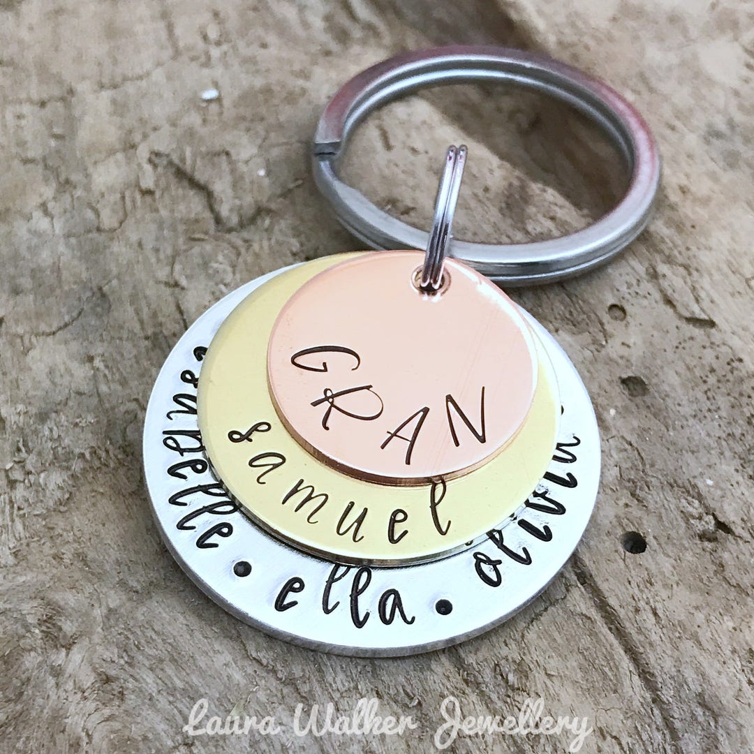 Stamped Keychain Gran, Keyring Gift Gran, Grandchildren's Name Keychain ...