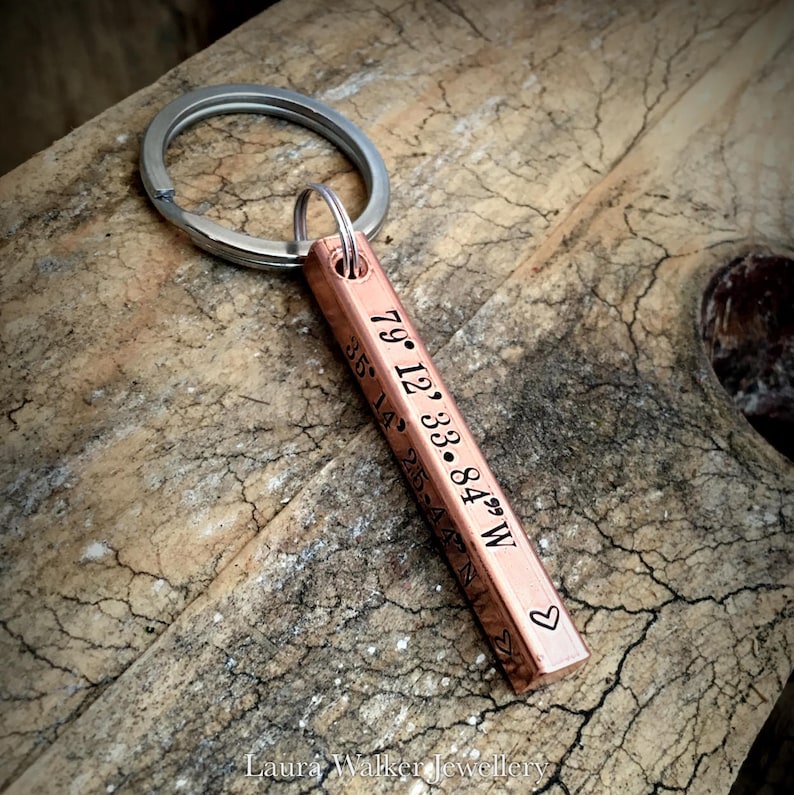 Copper Bar Keychain GPS Copper Keyring Keychain Longitude | Etsy