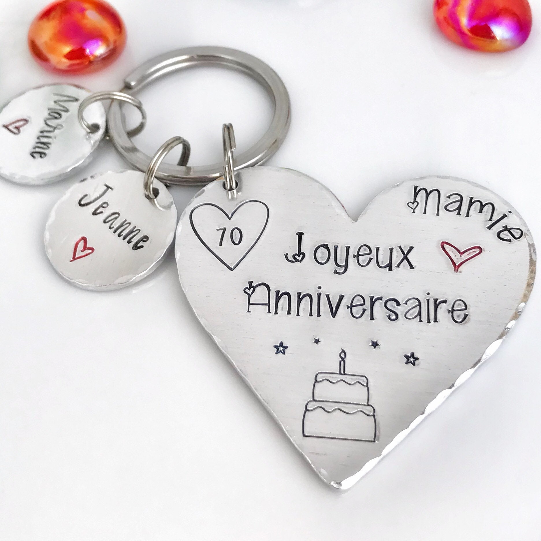 Joyeux Anniversaire Keychain, Hand Stamped French Birthday Gift ...