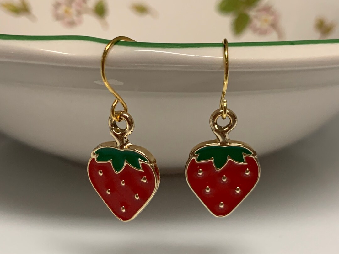 Strawberry Gold Enamel Earrings - Etsy