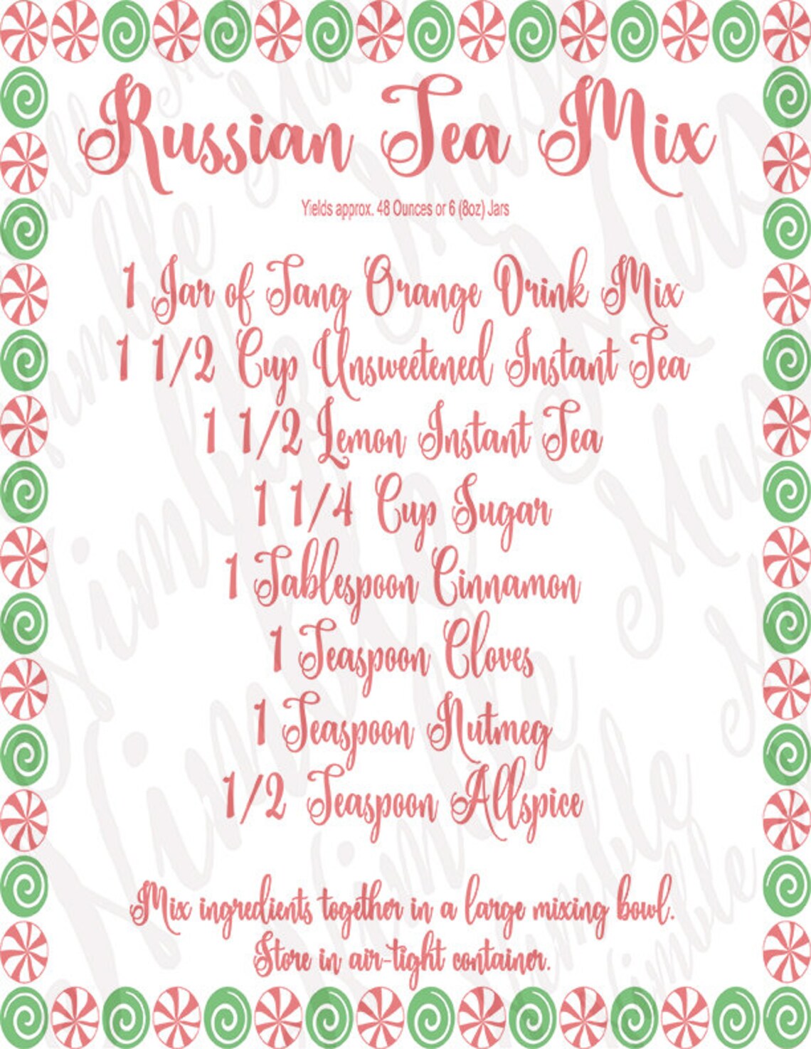 Russian Tea Mix Gift Kit, Christmas Gift in A Jar Recipe, DIY Gift in A ...