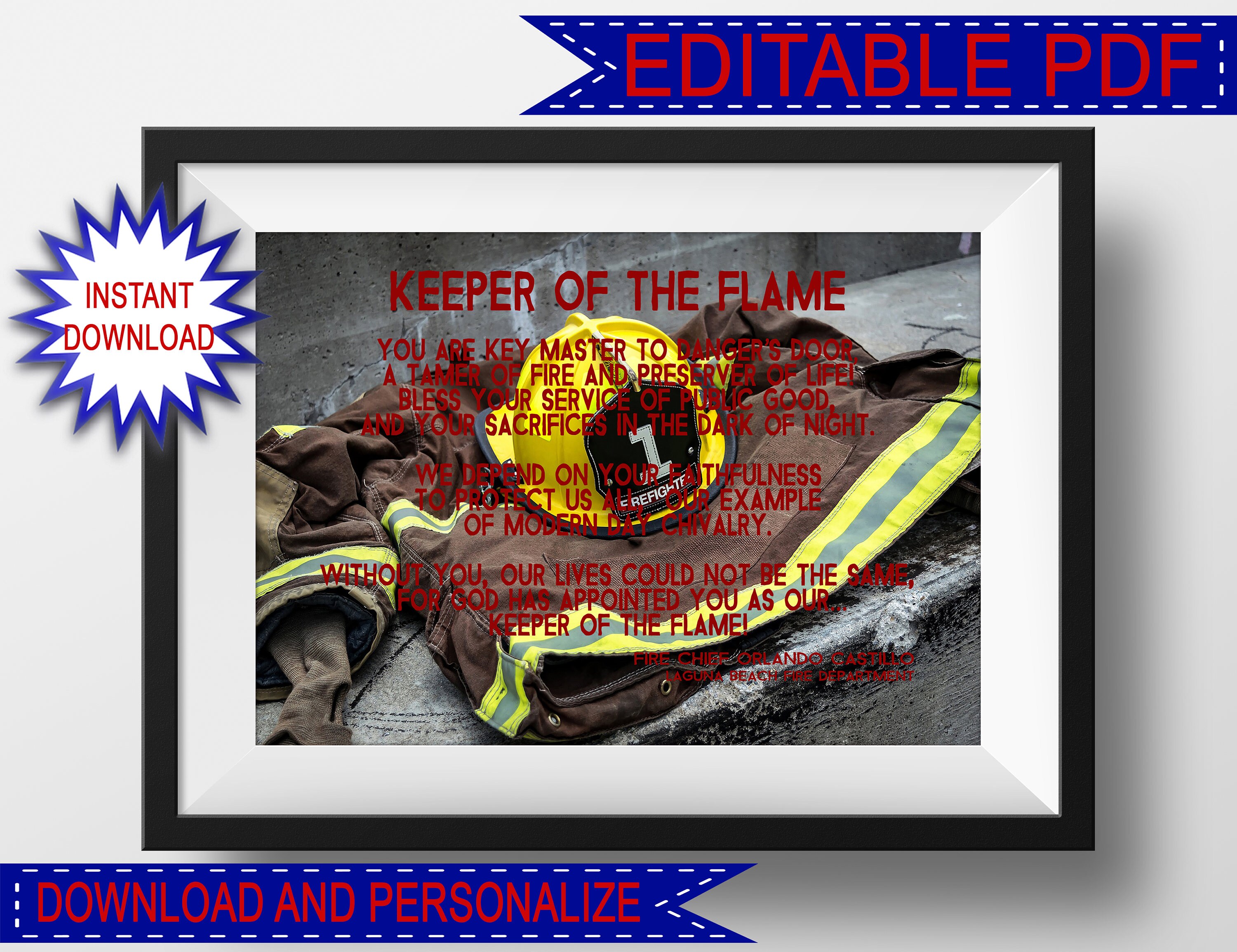 Personalized Firefighter Gift, Editable PDF, Fireman Wall Art Printable ...