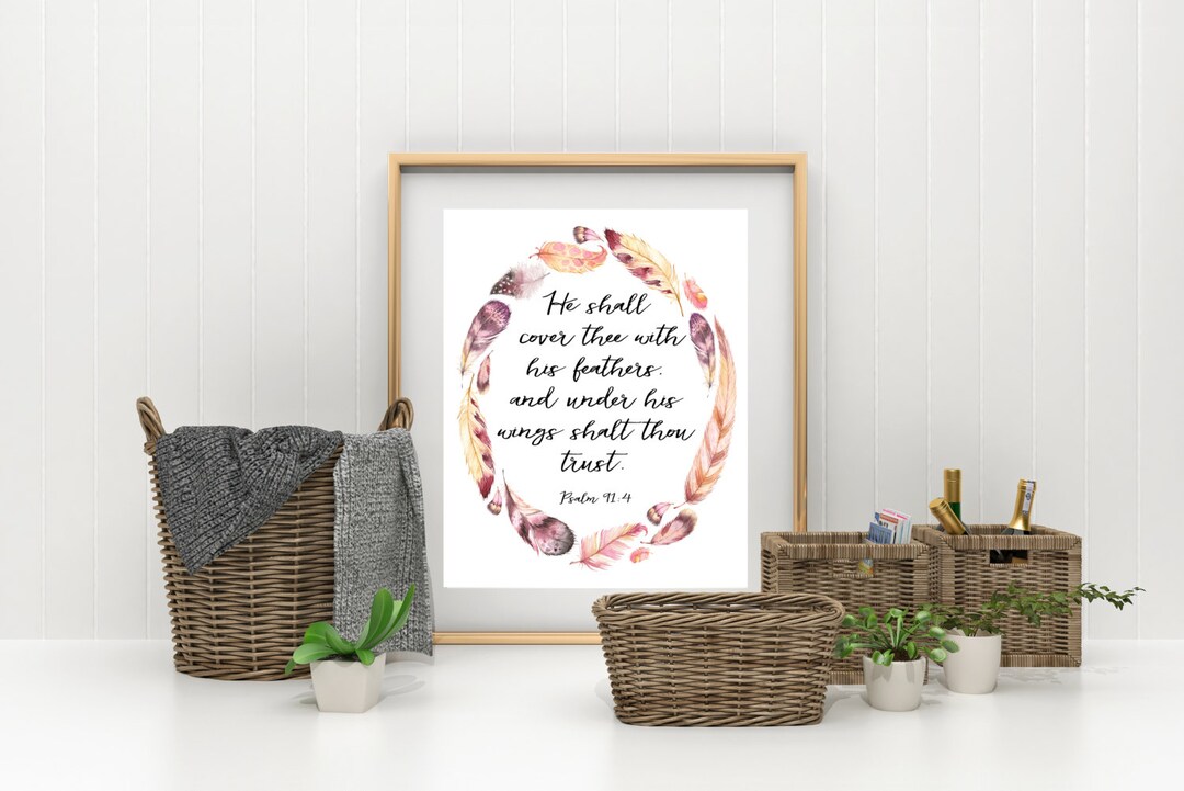 Psalm 91:4, Bible Verse Art Prints, Feather Scripture Wall Art, KJV ...