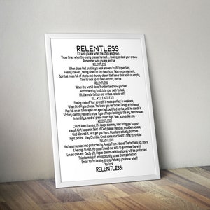 Relentless, Christian Poem Print, Motivational Printable Wall Art, Be ...