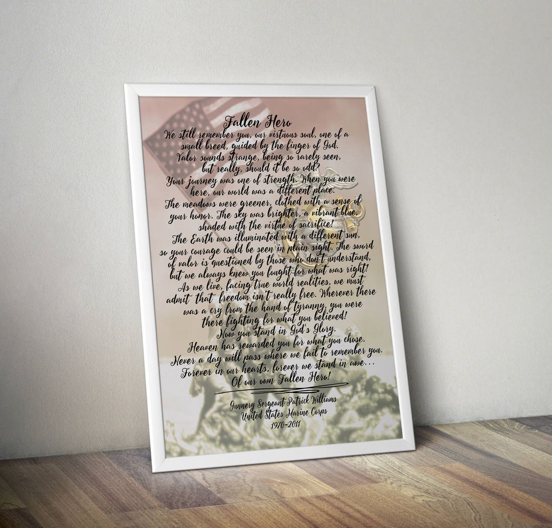 Personalized Marine Corps Poster, Memorial Gift, Fallen Soldier Poem ...