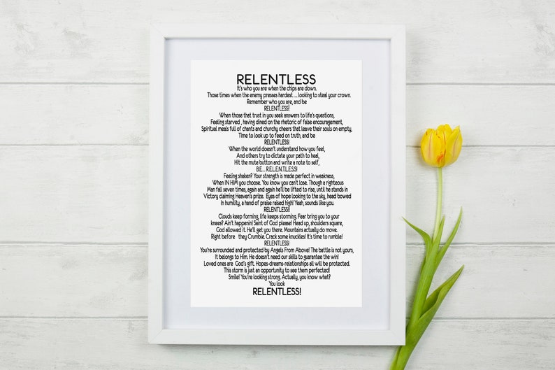 Relentless Christian Poem Print, Motivational Wall Art (digital ...