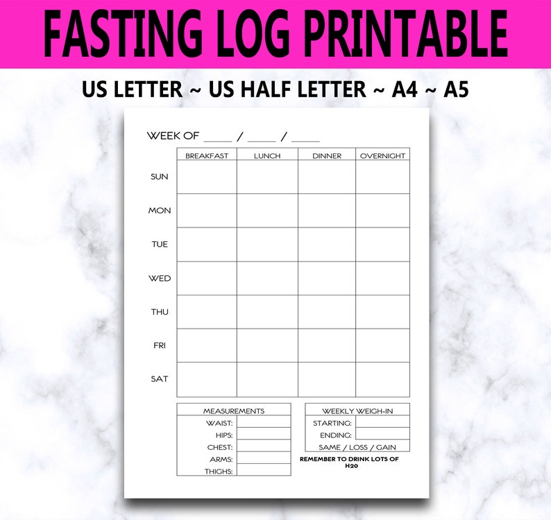 Fasting Log Printable, Weekly Intermittent Fasting Tracker, Weight Loss ...
