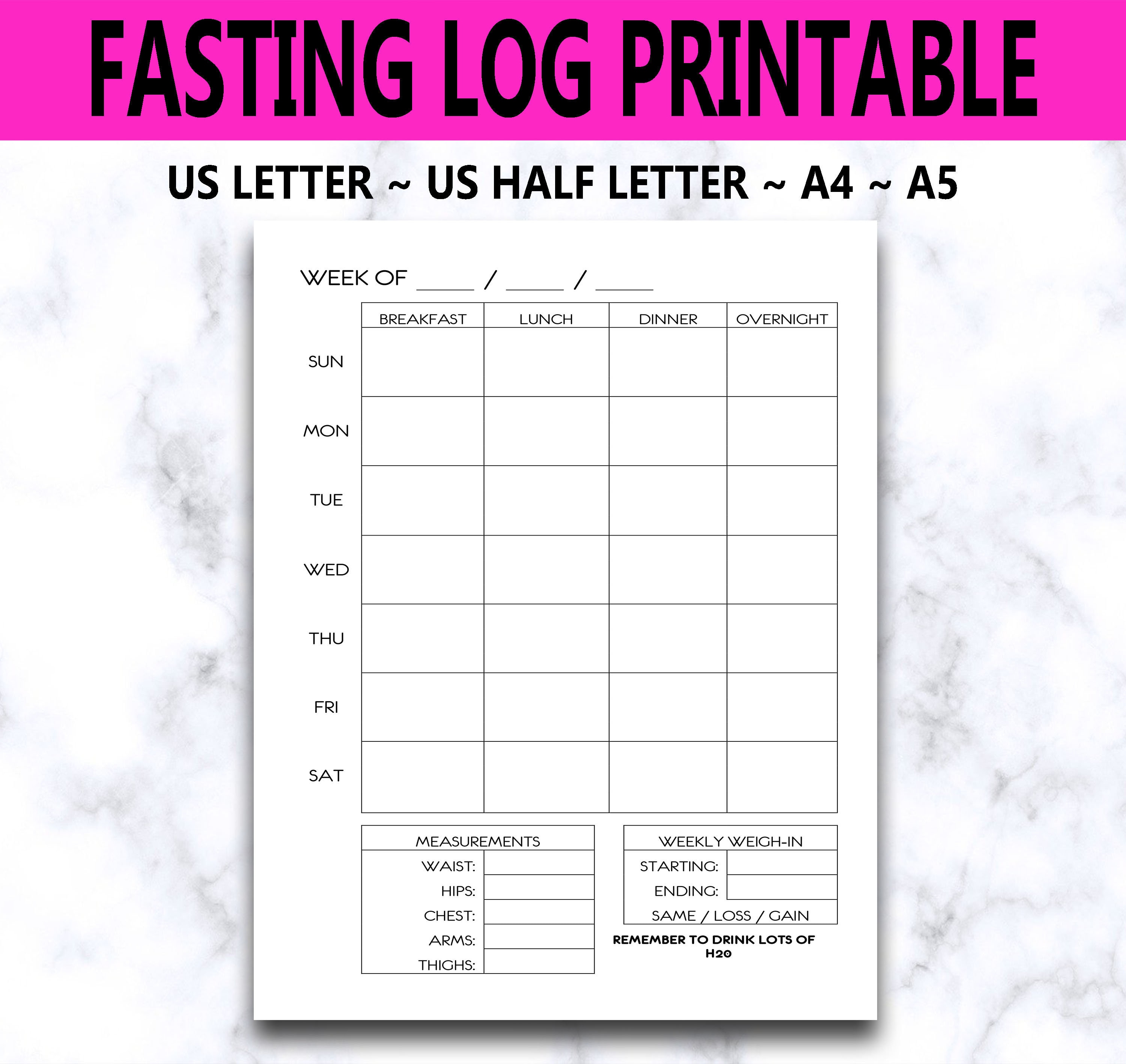 Fasting Log Printable, Weekly Intermittent Fasting Tracker, Weight Loss ...
