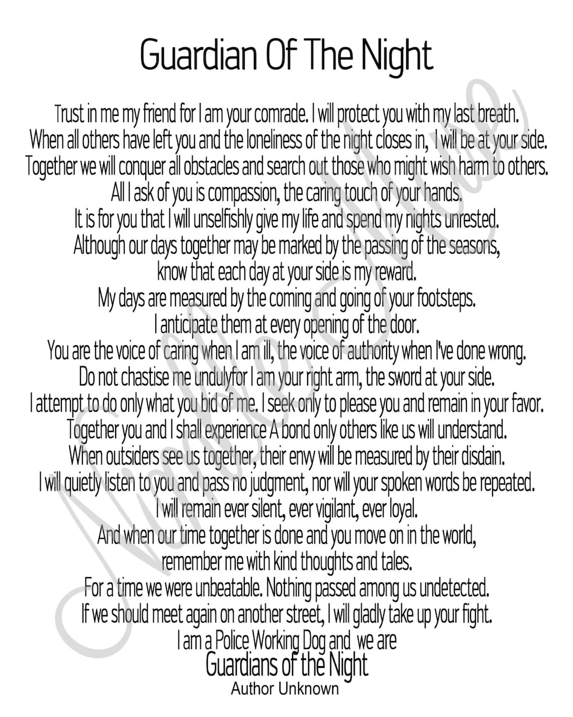 K9 Officer Gift, Guardian of the Night Poem, Law Enforcement K9 Police ...