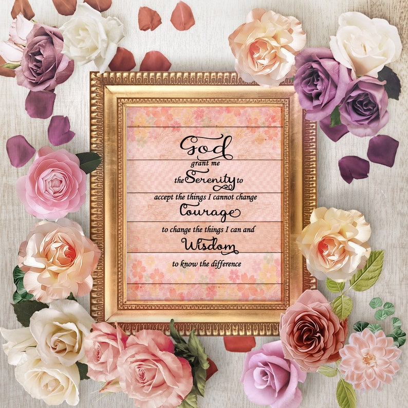 Serenity Prayer Art Print, Pink Faux Wood Rustic Floral Wall Decor ...