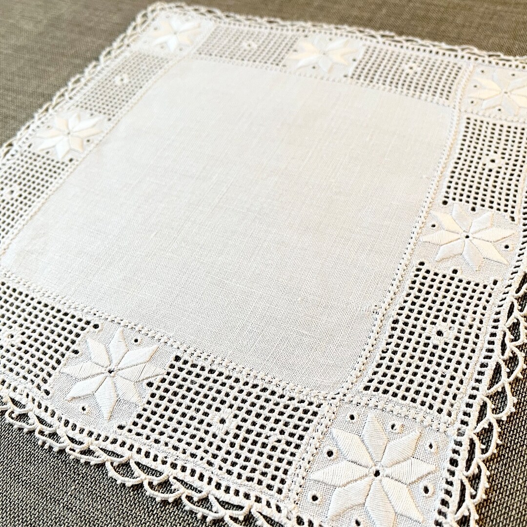 Vintage Embroidered Linen Doily, Drawn Thread Work With Whitework ...