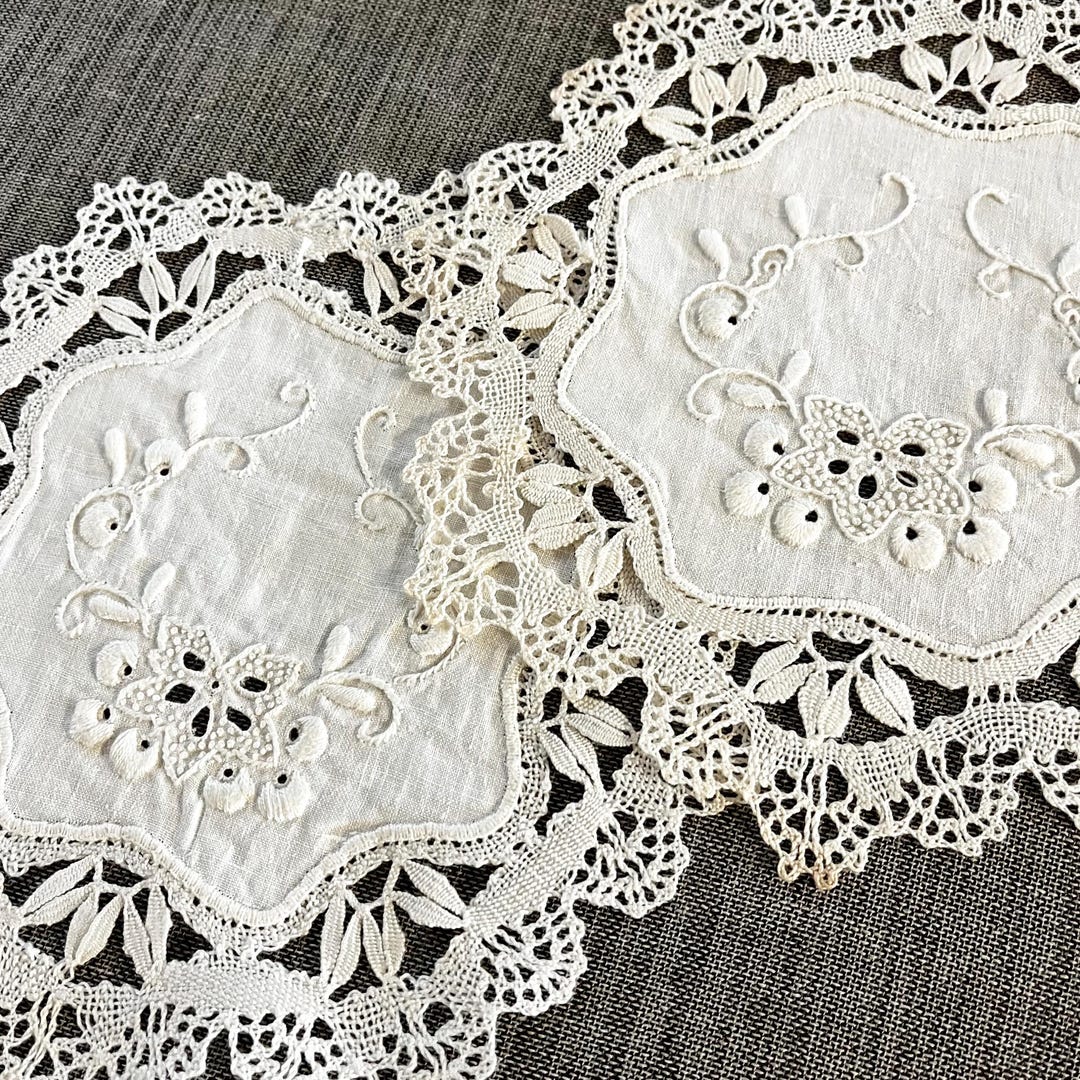 Vintage Whitework Doilies, Pair of Round Doilies With Floral Embroidery ...