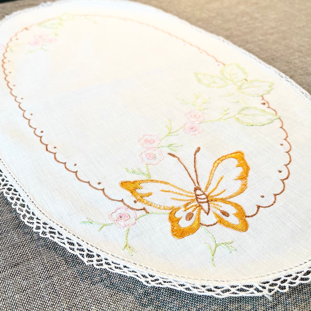 Antique Embroidered Table Linen, Embroidery of Butterfly and Flowers ...