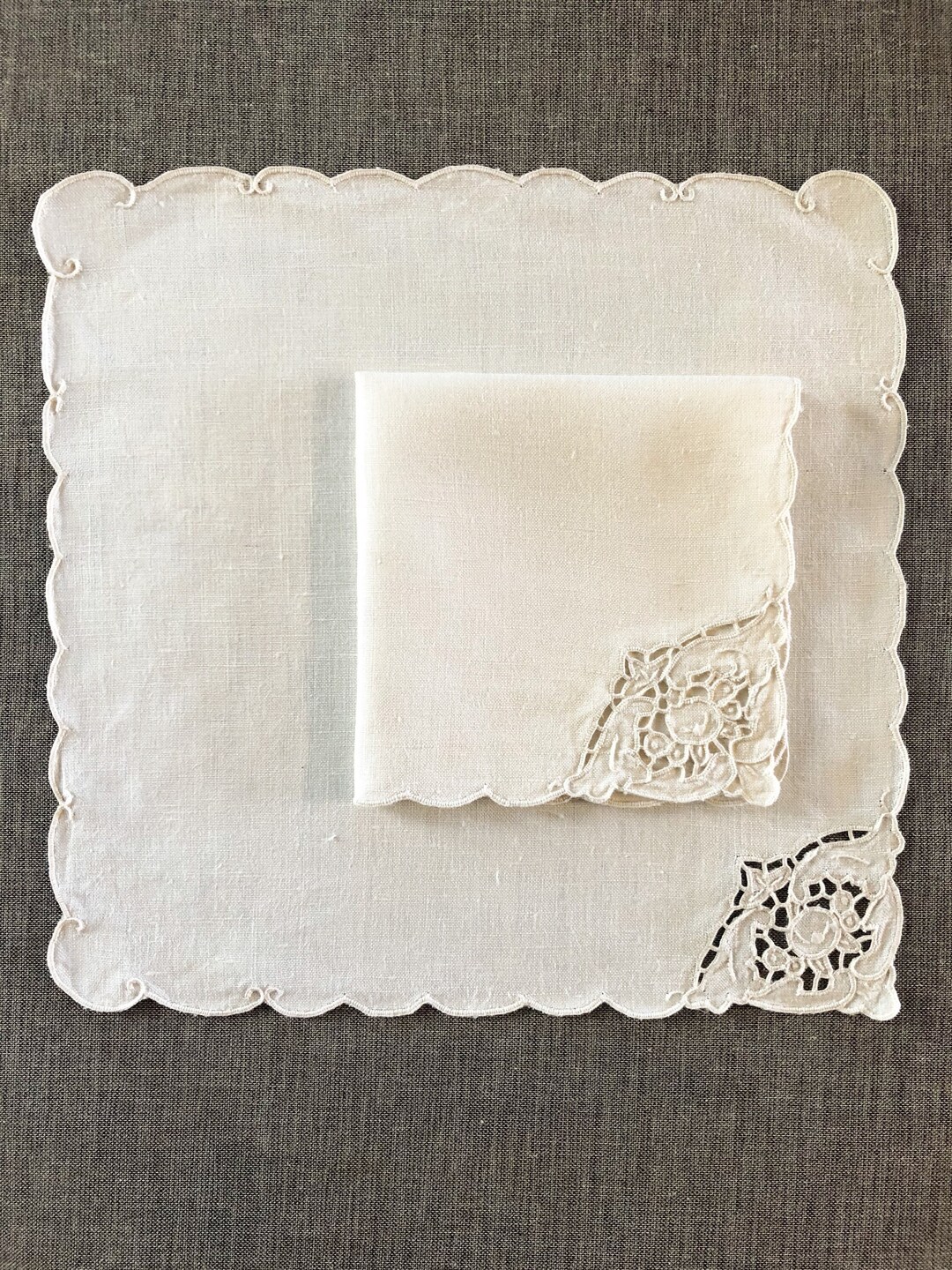 Vintage Cream Linen Napkins, 2 Napkin Set With Floral Cut Work ...