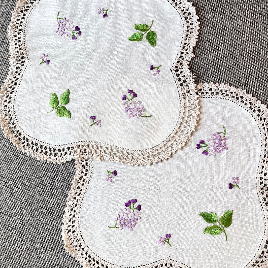 Two Vintage Embroidered Linen Doilies, Embroidery of Purple Lilac ...