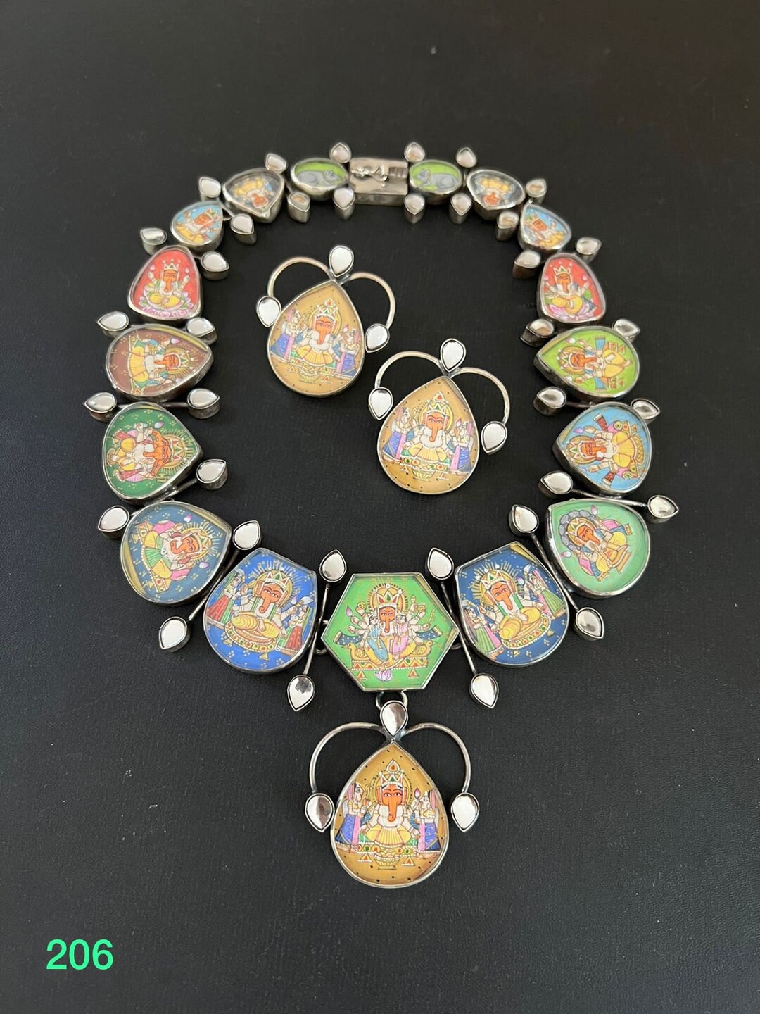 Artisan Painted Hindu God's Charm Silver Necklace Set, Antique Silver ...