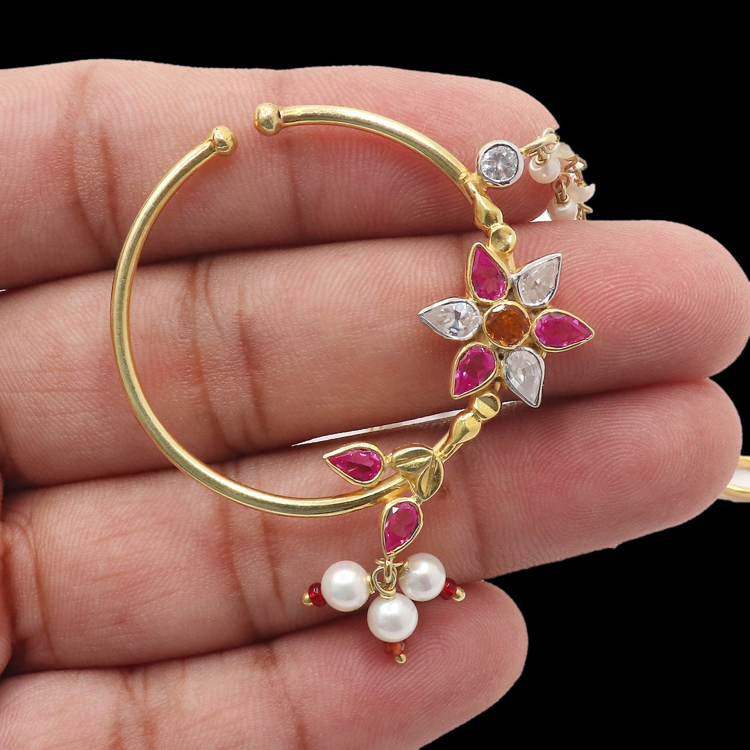 Traditional Gold Plated Ruby & Pearl Nose Ring Jewelry, Handmade Ruby ...