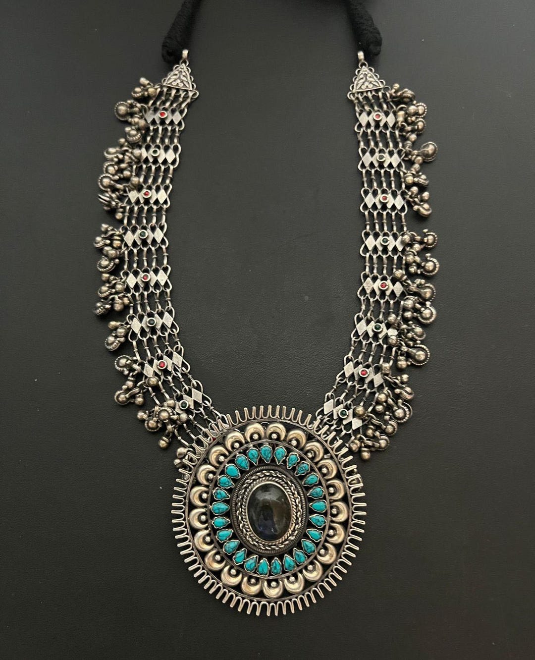 Indian Traditional 925 Solid Silver Necklace, Multi-gemstone Antique ...