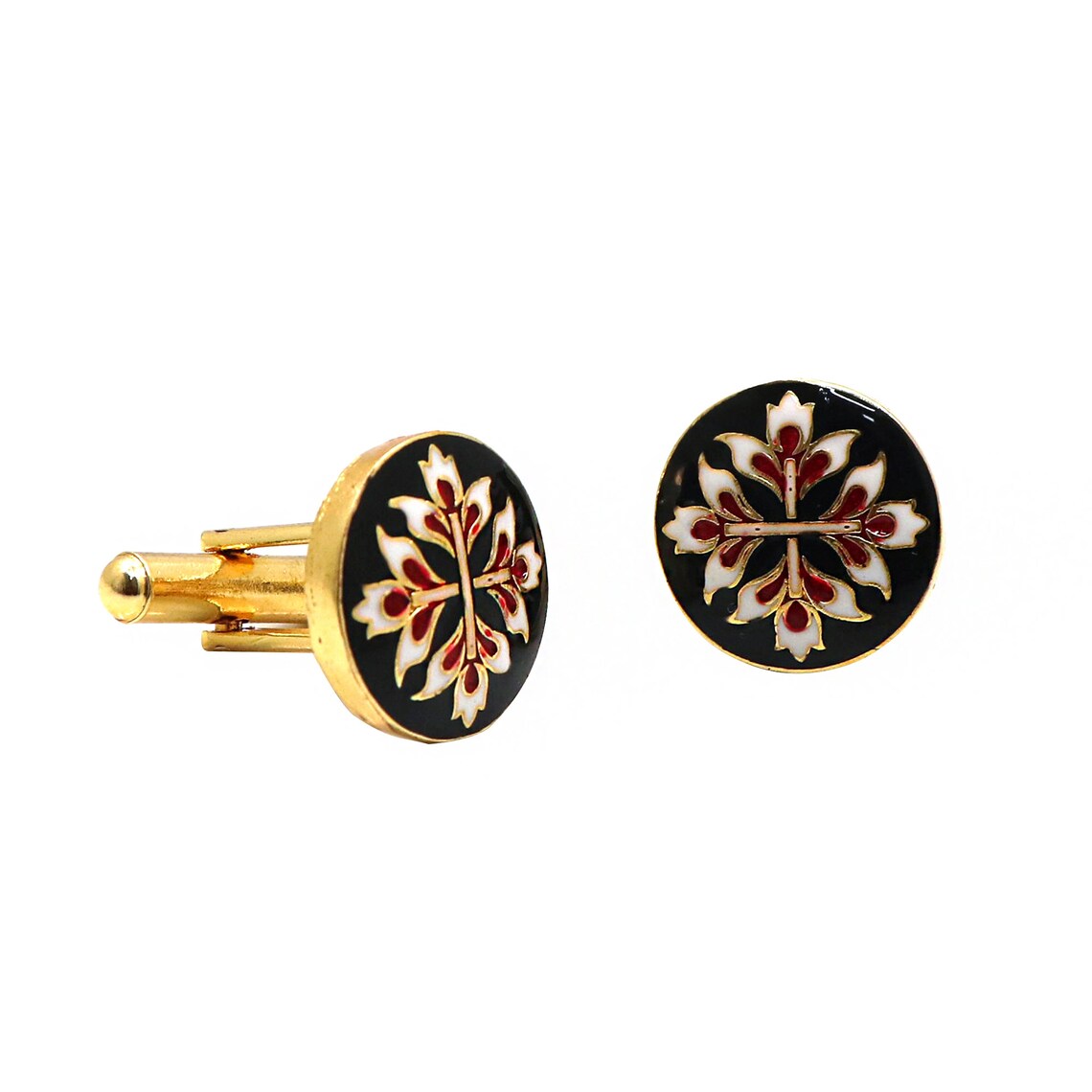 Handmade Flower Design Gold Plated Brass Cufflinks Black Enamel Hand ...