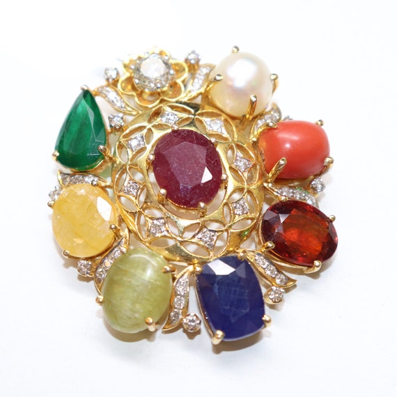 Navratan Gold Pendant Natural 9 Precious Stone 18k Yellow | Etsy