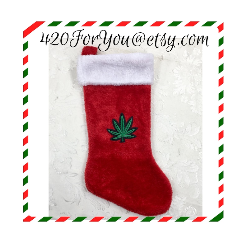 Marijuana Leaf Stocking, Christmas Stocking, Red and Green Stocking ...