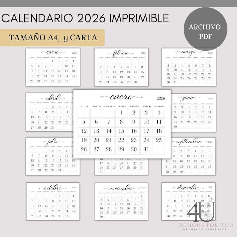 Calendario 2026 Imprimible Minimalista | PDF A4 A5 Carta | Archivo ...